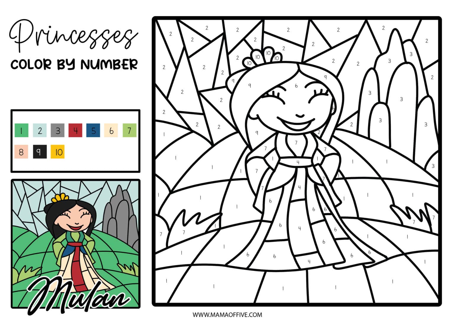 Disney Princesses Color By Number Printable Set - FREE - Mama of Five